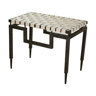 Luxe Geometric Iron Woven Leather Small Bench Black Beige Spike Leg ...