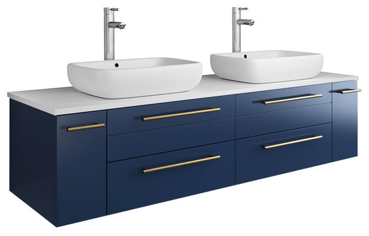 60 Royal Blue Wall Hung Modern Bathroom Cabinet w/ Top & Double Vessel ...