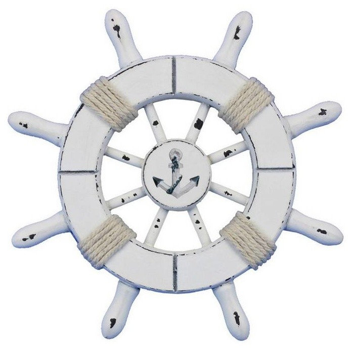 Rustic All White Decorative Ship Wheel With Anchor 6'', Boat Steering ...