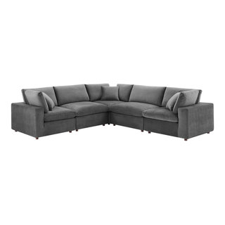 Milan Gray Down Filled Overstuffed Performance Velvet 5-Piece Sectional ...