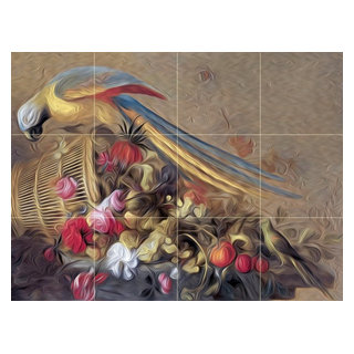 Tile Mural, Still Life With A Parrot and A Parakeet, 8" Ceramic, Glossy ...