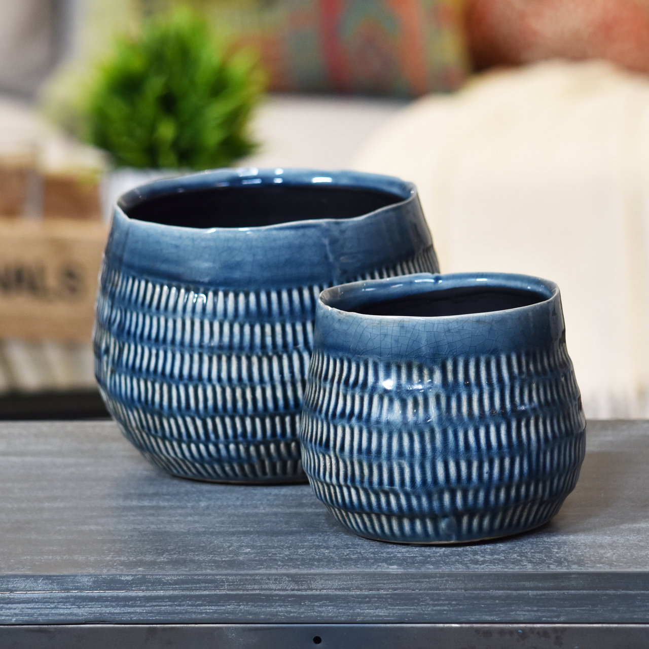 Ceramic Tall Bellied Round Vases, Embossed Rectangle, 2-Piece Set, Blue ...