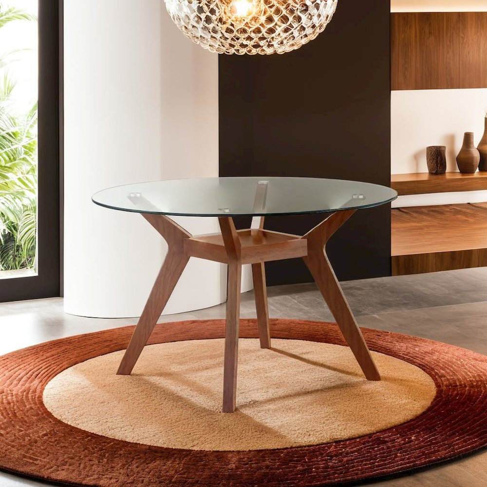 Sophisticated Round Dining Table with Clear Glass Top and Nutmeg Wood ...