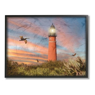 Stupell Bright Red Ponce Inlet Lighthouse, Dense Grassy Dunes at Sunset ...