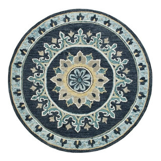 Bohemian Round Medallion Area Rug, Blue Wool with Floral Garden Motif ...