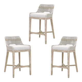 Home Square 3 Piece Upholstered Patio Bar Stool Set in Taupe and White ...