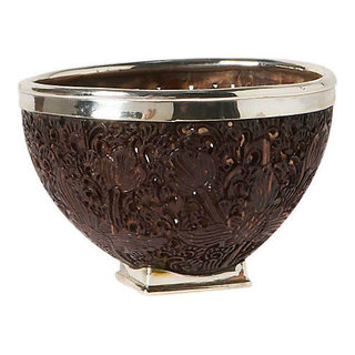 Carved Coconut Shell with Sterling Silver Trim and Base - Traditional ...