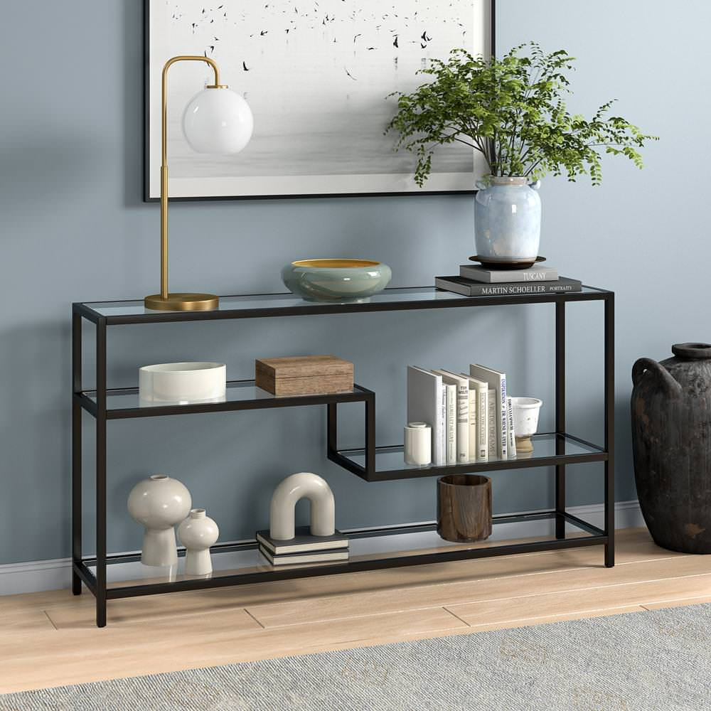 Mathis 55 Wide Rectangular Console Table with Glass Top in Blackened ...