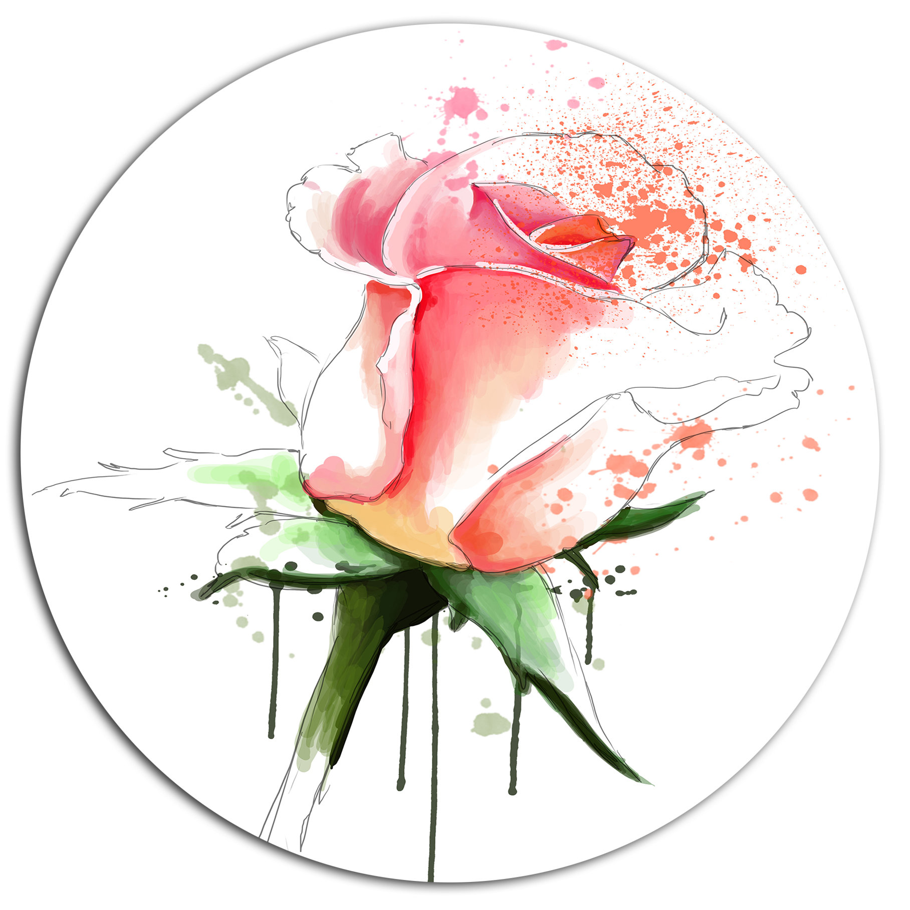 Pink Rose Sketch With Green Calyx, Floral Round Wall Art, Disc of 36 ...