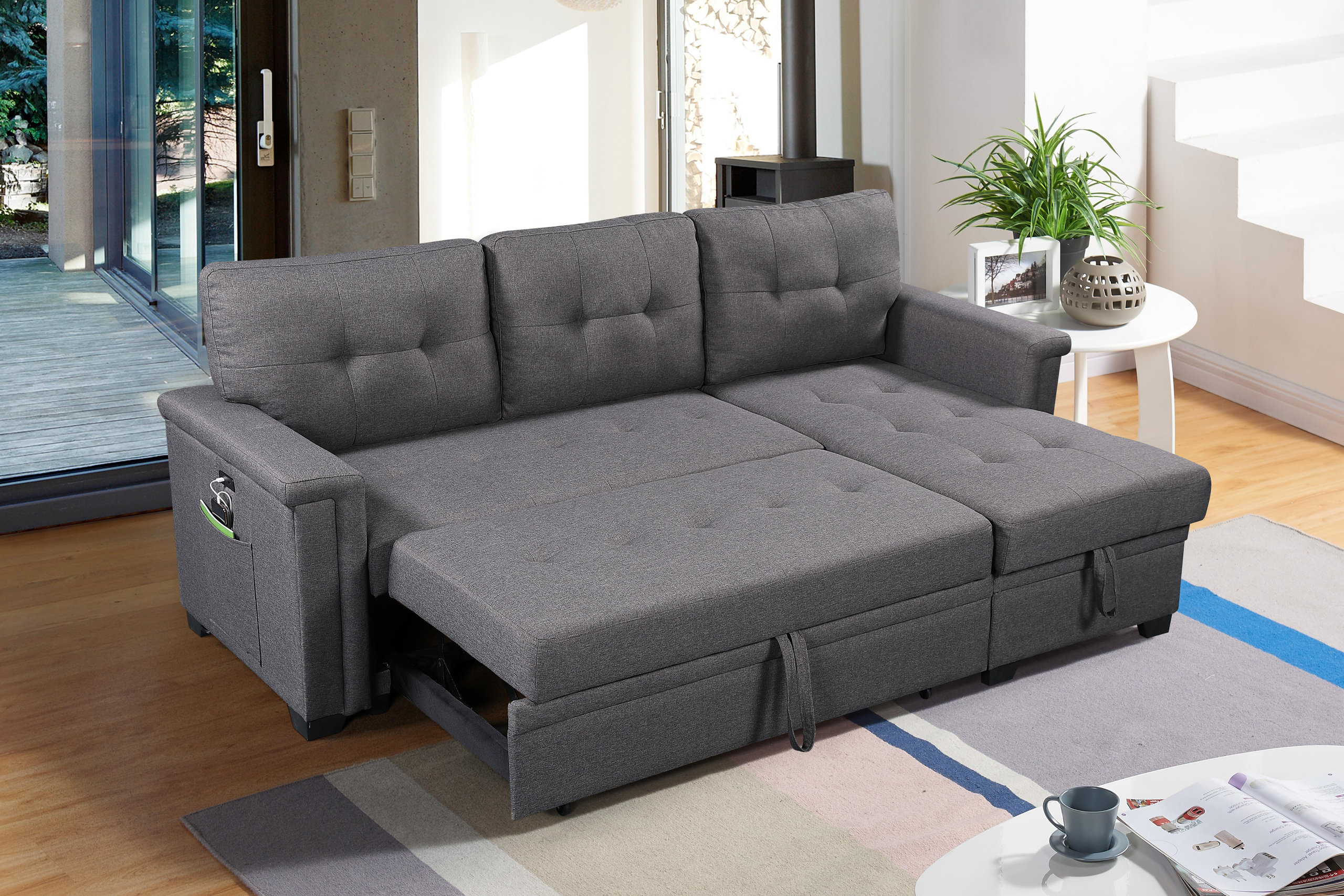Ashlyn Sleeper Sofa With USB Charger Pocket and Chaise - Transitional ...