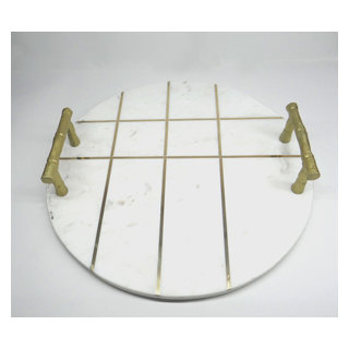 Round Marble White Tray with Gold Handles and Inlay Strips ...