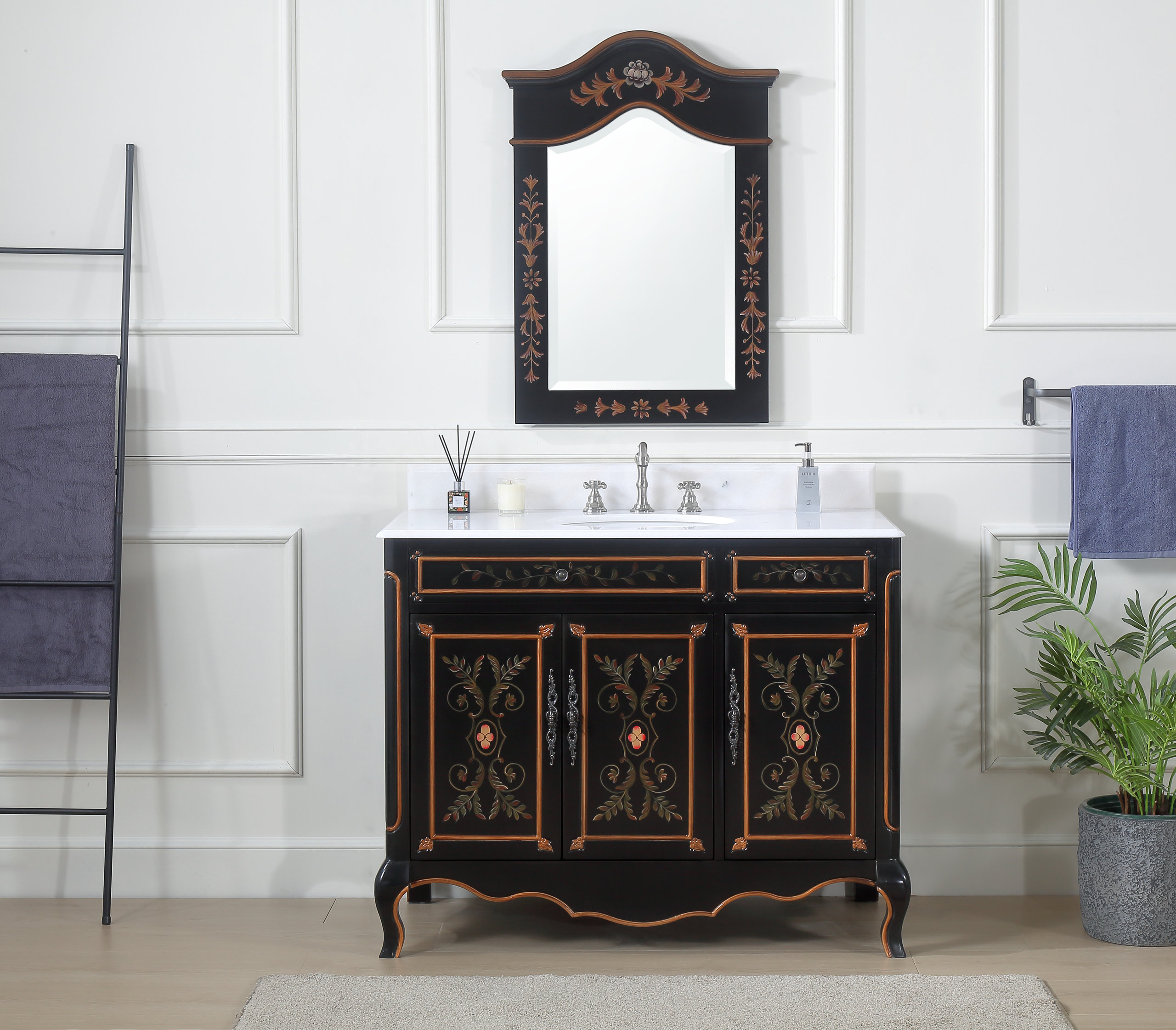 42" Black Hand-Painted Floral Decoroso Side Cabinet Bath Vanity ...