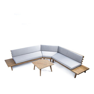 Adelia Outdoor Acacia Wood 5 Seater Sectional Sofa Set with Cushions ...