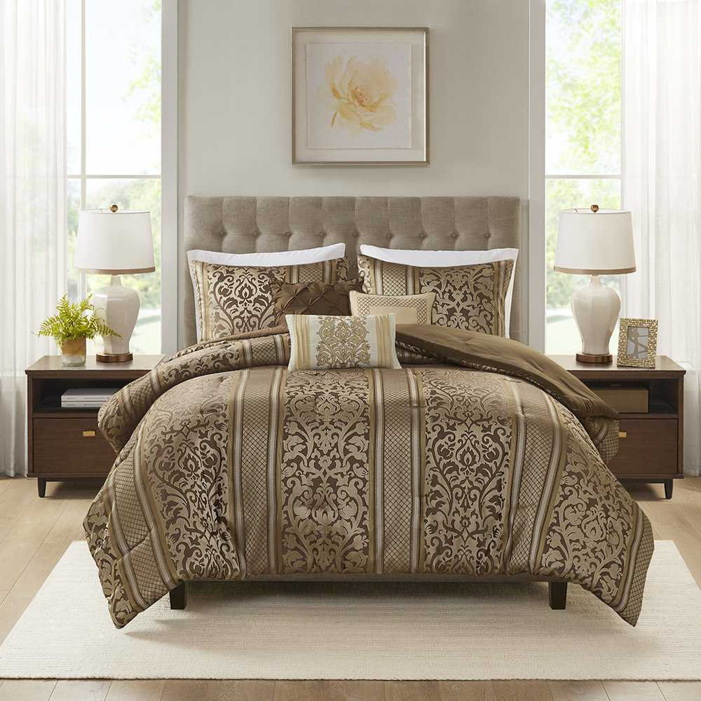 Bella 6 Piece Jacquard Comforter Set with Throw Pillows in Brown Color ...