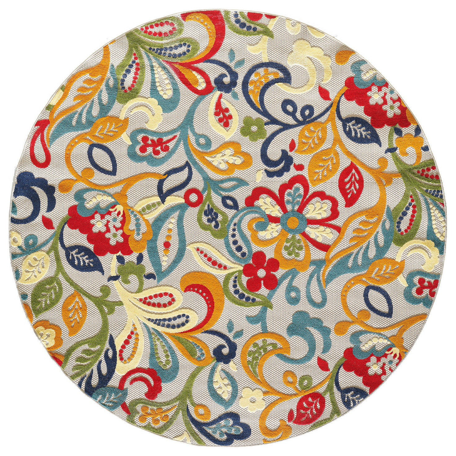 8" Round Multicolor Jacobean Floral Indoor Outdoor Area Rug ...