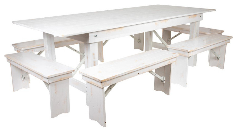 Flash Hercules 8' x 40" Ant Rustic White Folding Farm Table & Six Bench ...