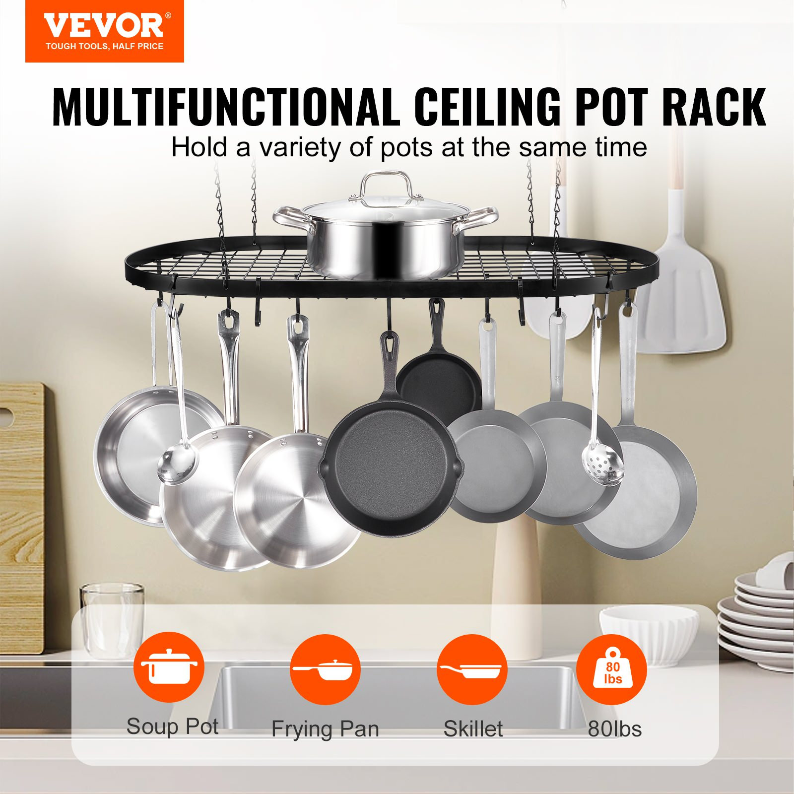 VEVOR Hanging Pot Rack Ceiling Mount 32" Ceiling Pot Rack With 12 S ...