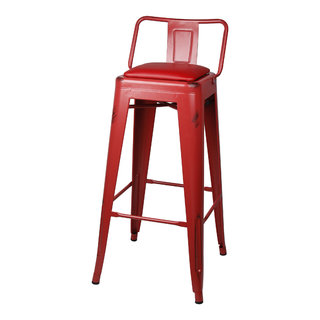 Lowback Red Metal Bar Stools, Red Vegan Leather Seat, Set of 1 ...