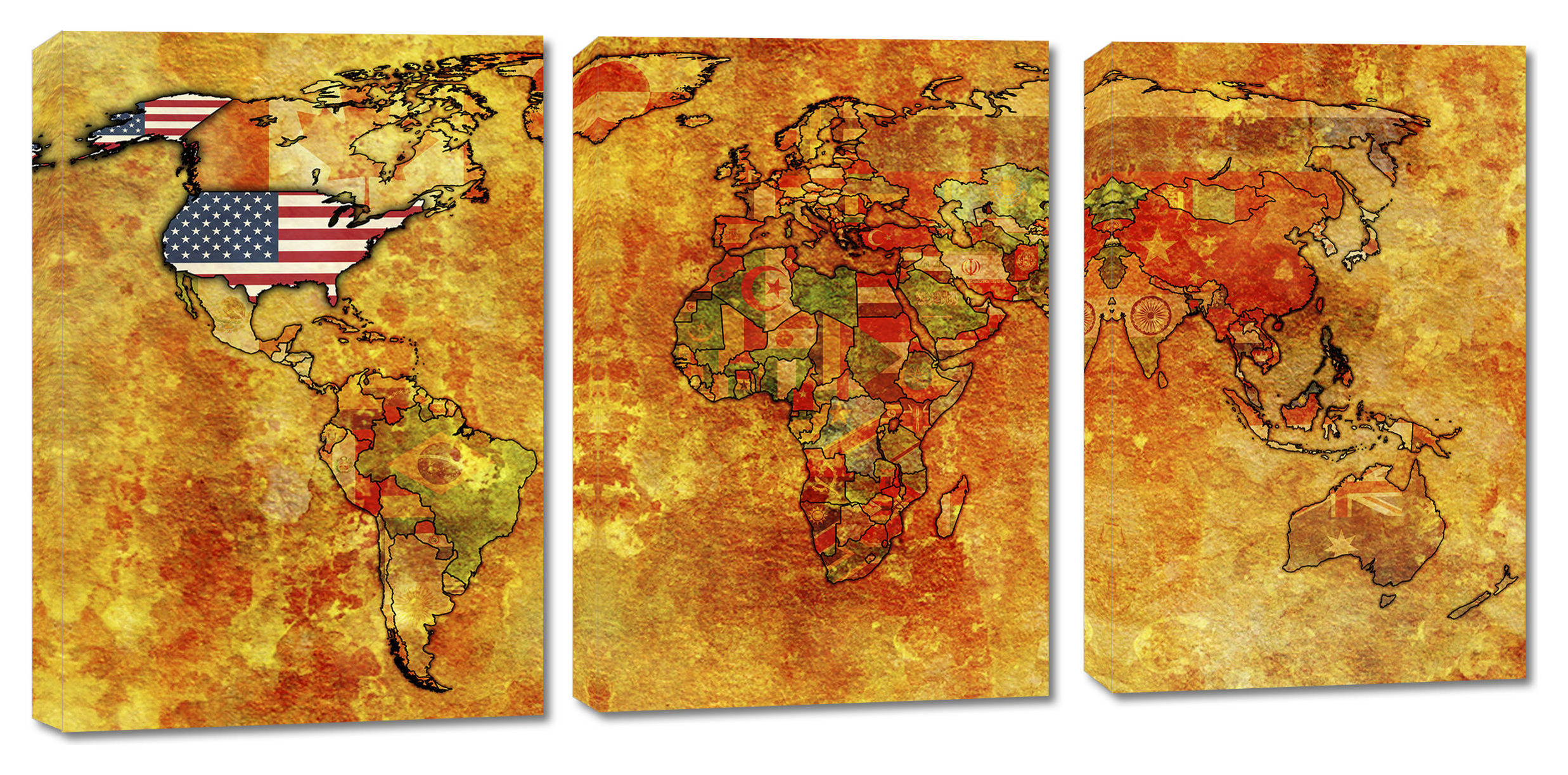 Flags World Map Canvas Print, 3 Panel Split, Triptych Wall Art, 48x24 ...