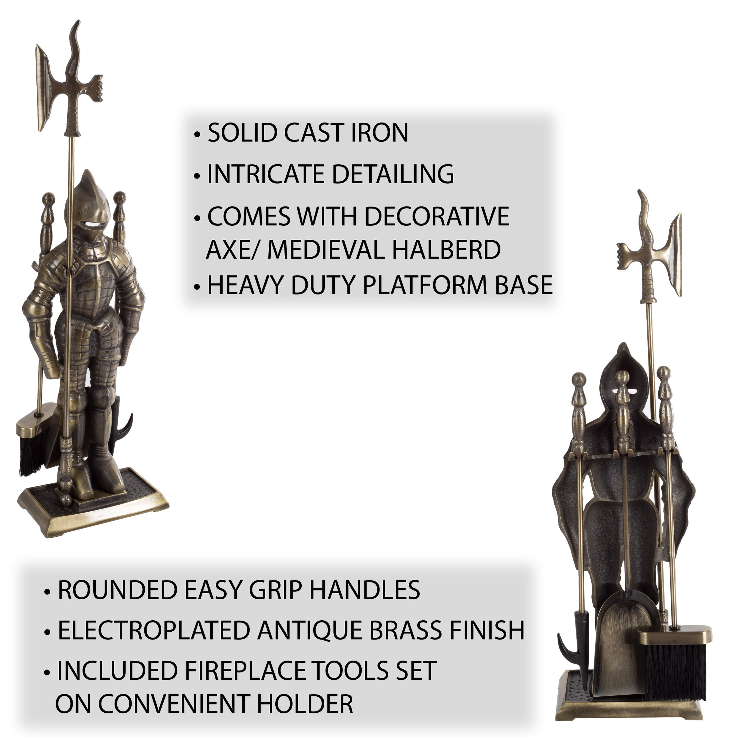 3-Piece Medieval Knight Cast Iron Statue Fireplace Tool Set - Modern ...