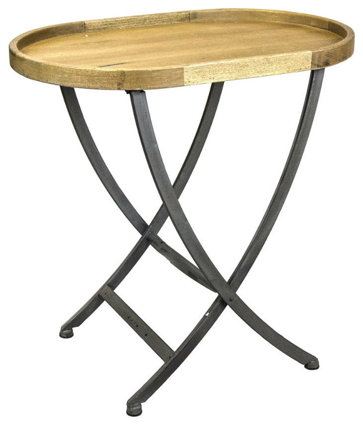 Oval Shape Wood & Metal Side Table With Cross Legs, Brown - Industrial ...