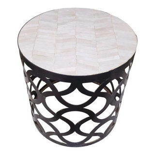 Zen Style Chevron White Mosaic Table, Black Base - Mediterranean - Side ...