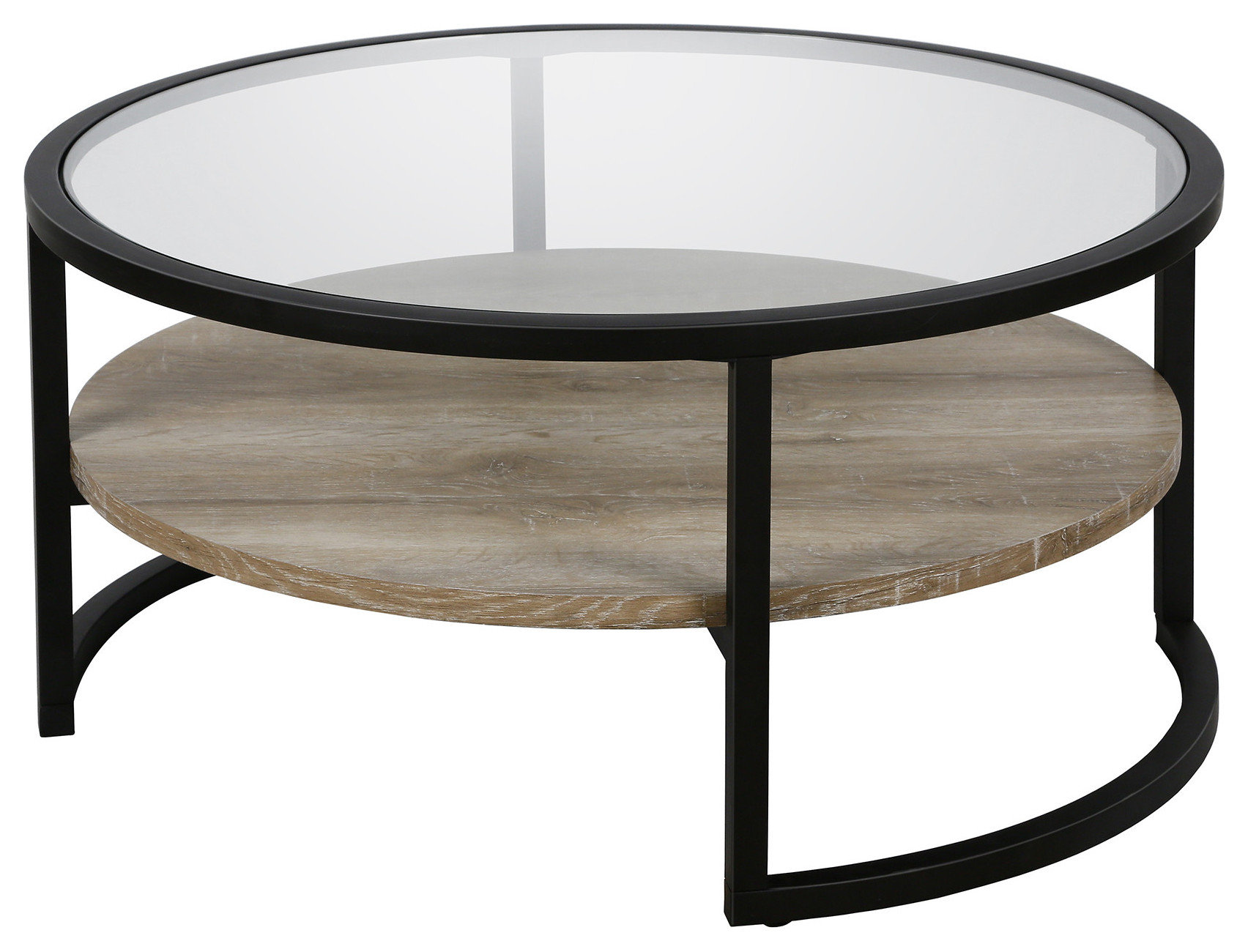 34" Black Glass Round Coffee Table With Shelf - Transitional - Coffee ...