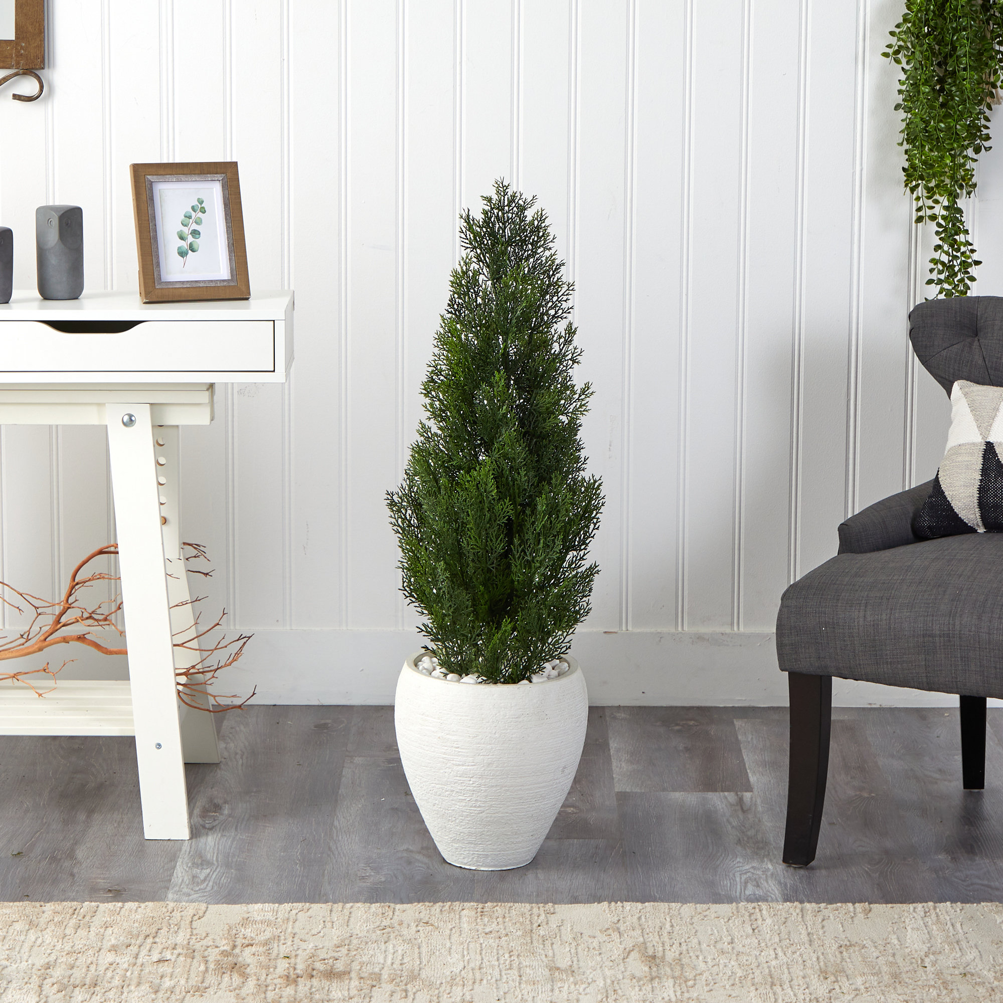 3.5' Mini Cedar Artificial Pine Tree, White Planter UV Resistant ...