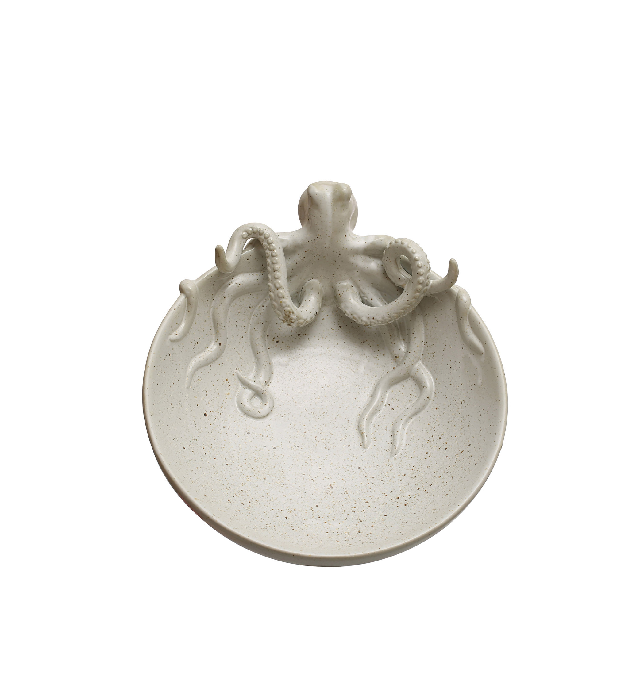 13.75 Inches Stoneware Octopus Bowl With Reactive Glaze, White Speckled ...