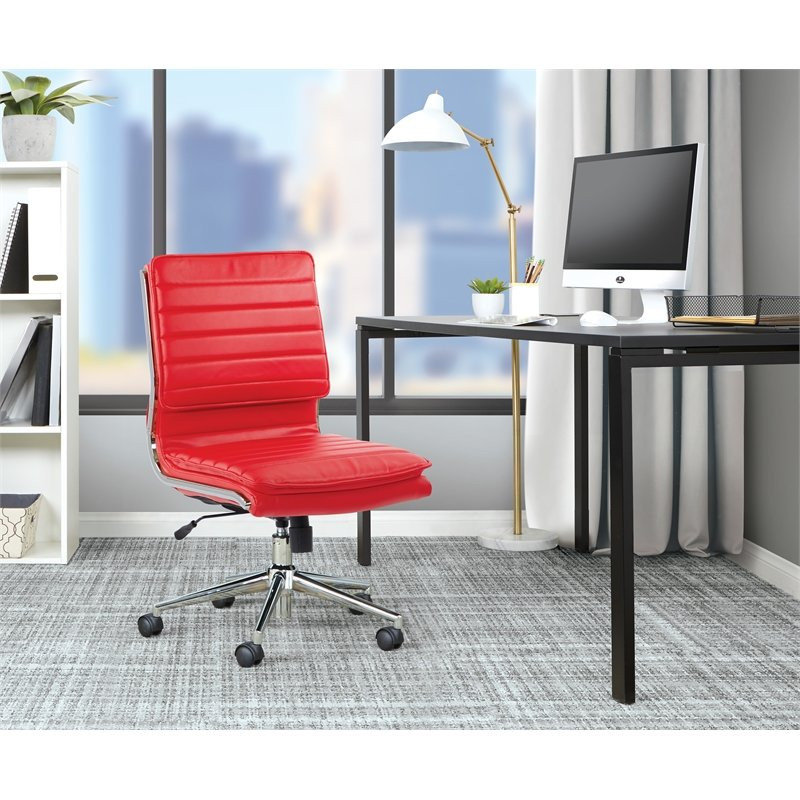 Armless Mid Back Manager's Faux Leather Chair in Red with Chrome Base ...