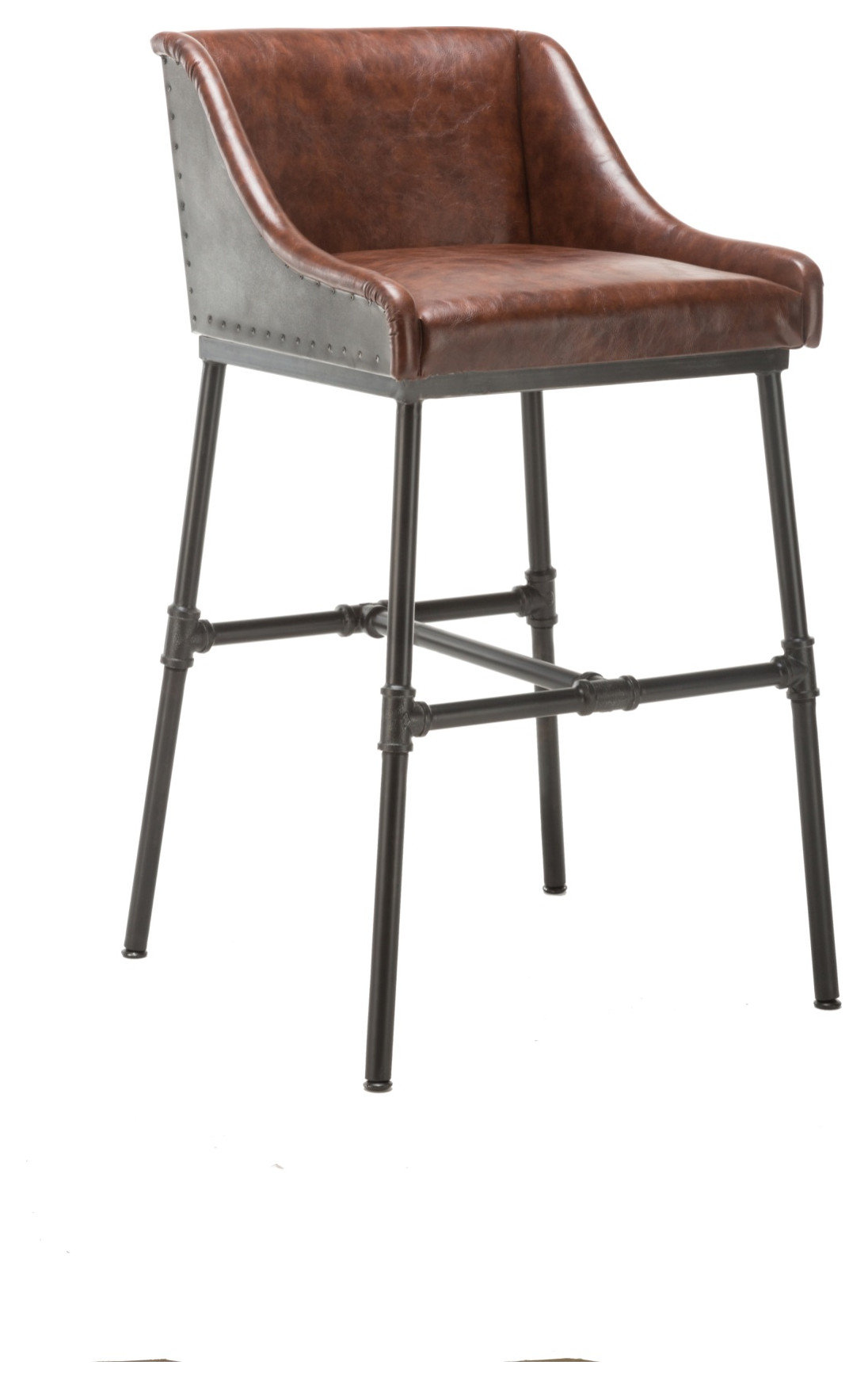 Leatherette Bar Stool with Riveted Metal Backing, Brown and Black ...