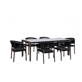 Doris Indoor 7 Pc Dining Set, Dark Wood With Superstone and Black Rope ...