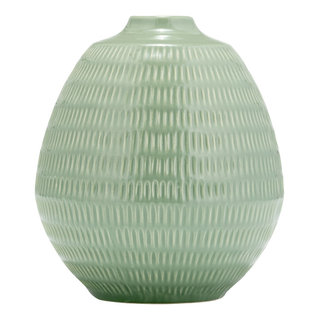 Ceramic 7", Stripe Oval Vase, Dark Sage, 7x7x7 inches - Contemporary ...