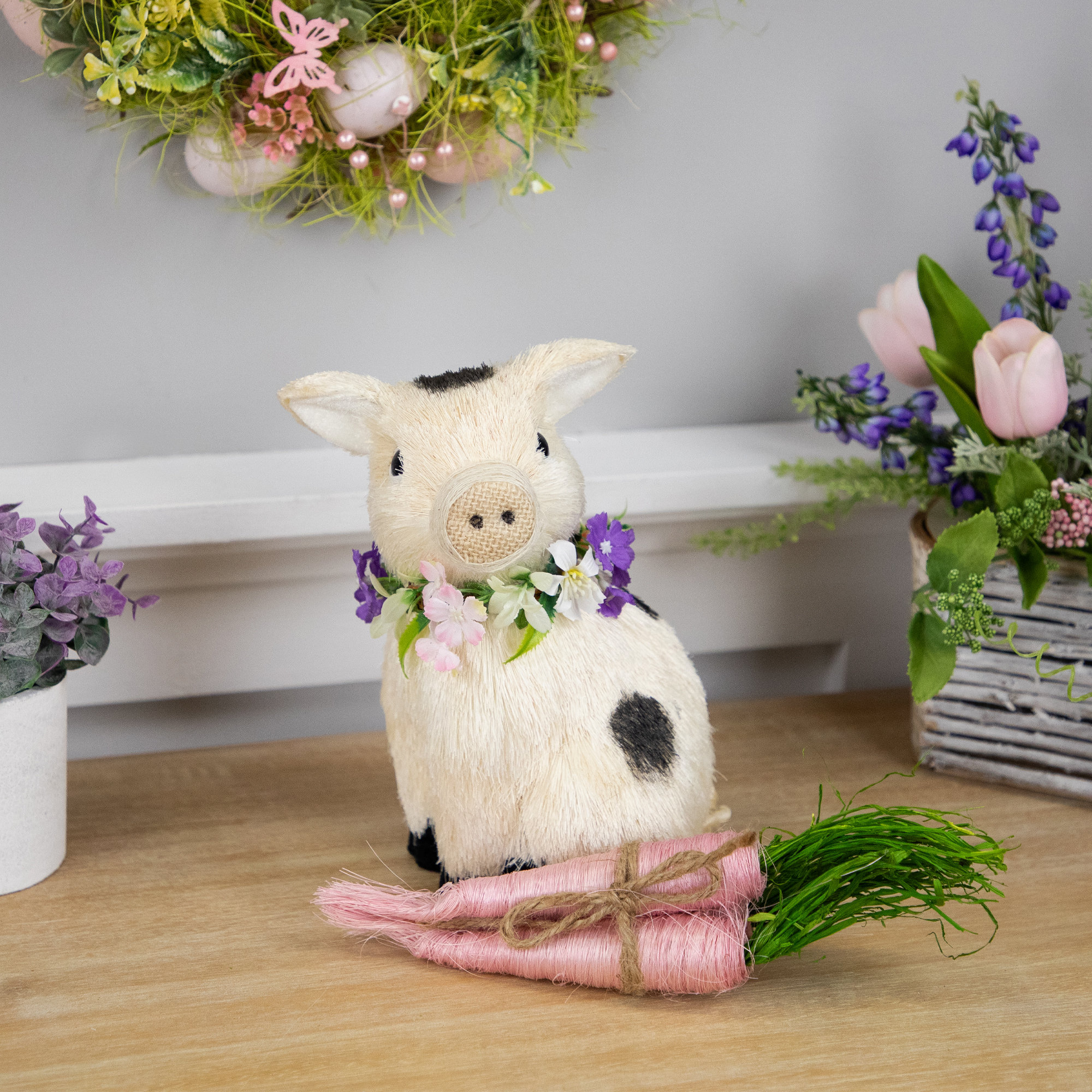 Spotted Sitting Piglet Rustic Spring Figurine 9" Off White and Black ...