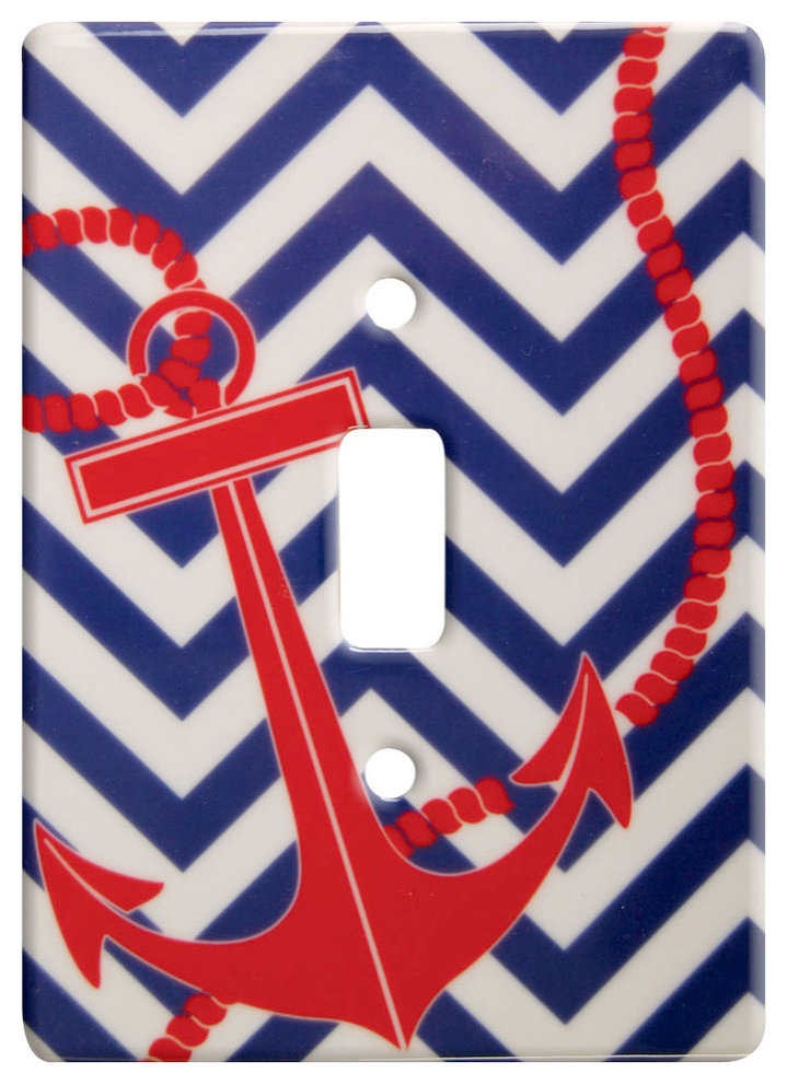 Nautical Chevron and Anchor Single Ceramic Switchplate - Beach Style ...