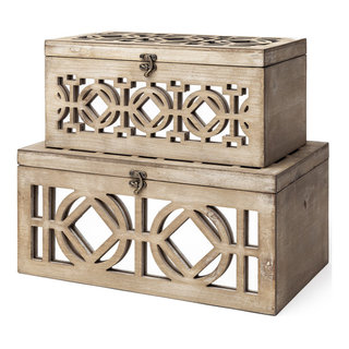 Set of Two Brown Mirrored Wooden Boxes - Farmhouse - Decorative Boxes ...