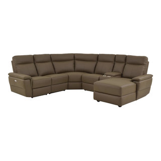 6-Piece Obara Power Sectional w No Power Chair Leather Brown Taupe ...
