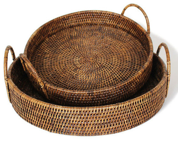 Rattan Round Tray With Handles, Set of 2 - Tropical - Serving Trays ...