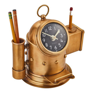 Vintage Style Brass Clock Desk Set Pen Phone Holder Gold Accessory ...