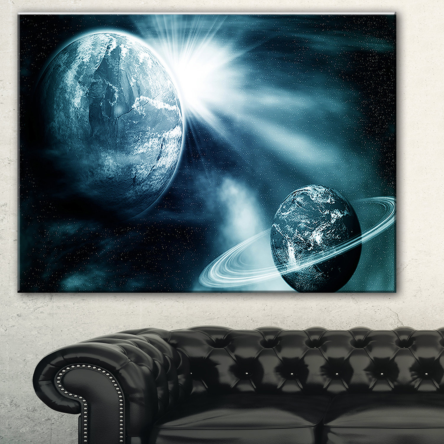 "Space View With Two Planets" Modern Spacescape Glossy Metal Wall Art ...