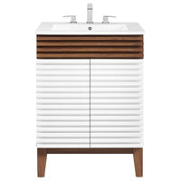 Modway Render Modern Style Wood Bathroom Vanity in White/Walnut ...