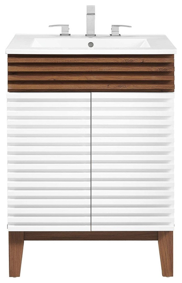 Modway Render Modern Style Wood Bathroom Vanity in White/Walnut ...