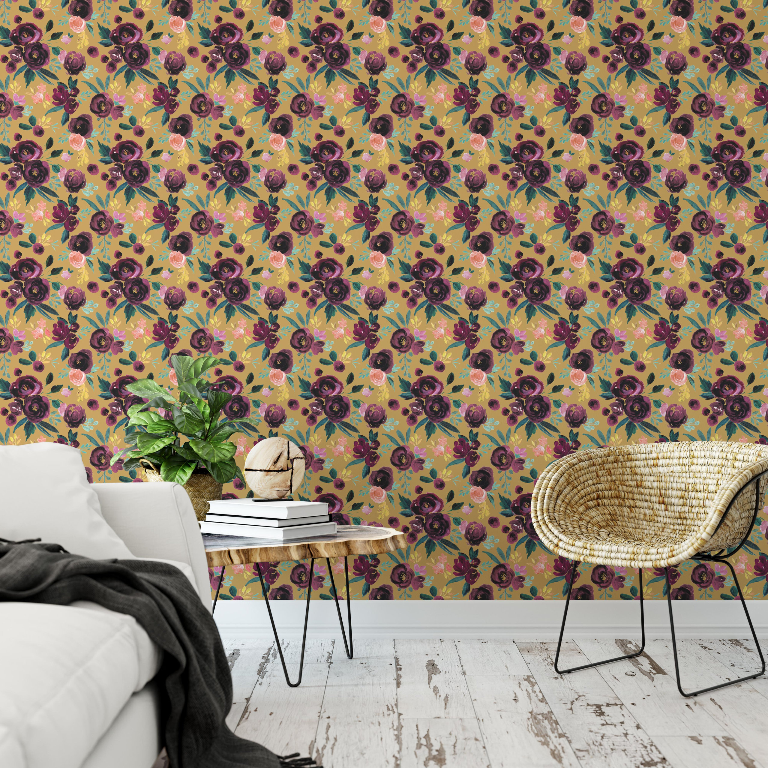 Valentina Plum Rose on Camel Wallpaper, 24"x72" - Contemporary ...