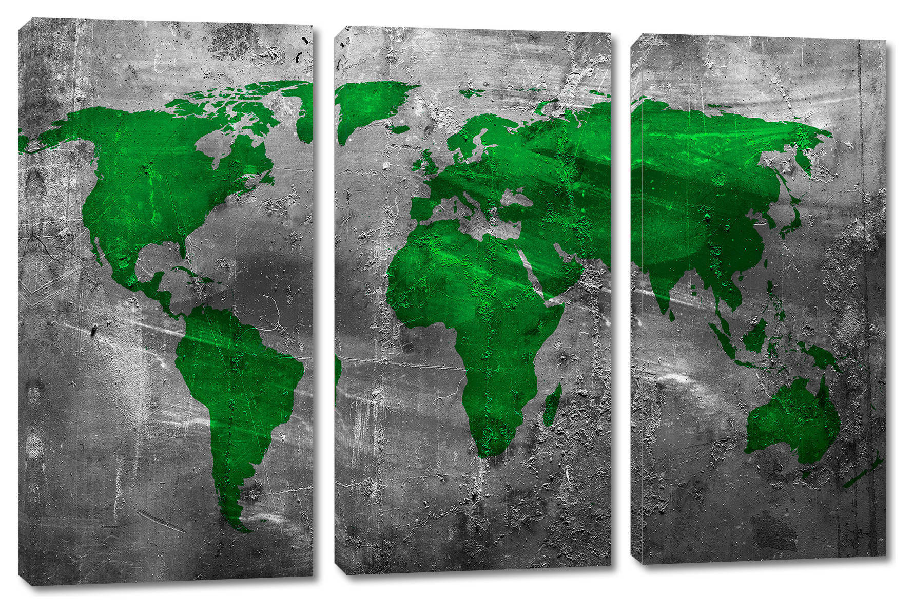 Abstract Green World Map Canvas Print 3 Panel Split Triptych Wall Art ...