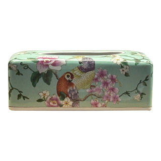 Light Blue Flower Bird Graphic Rectangular Porcelain Tissue Box Cover ...