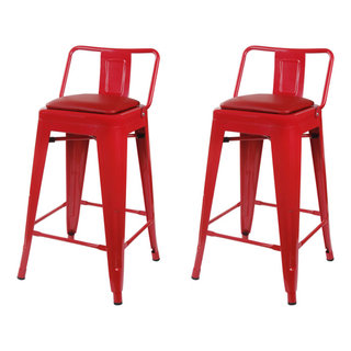 Lowback Red Metal Bar Stools, Red Vegan Leather Seat, Set of 2 ...