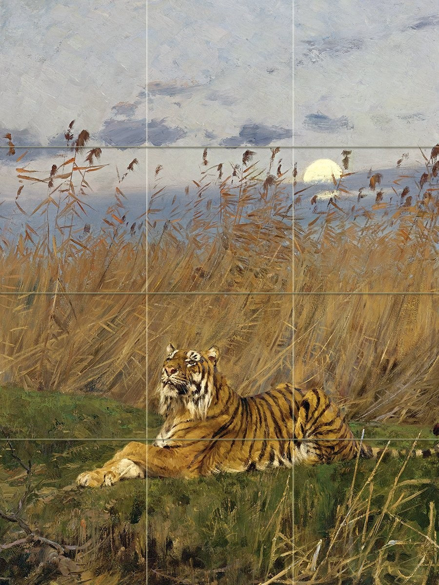 Tile Mural A Tiger Among Rushes In The Moonlight, 6" Rialto ...