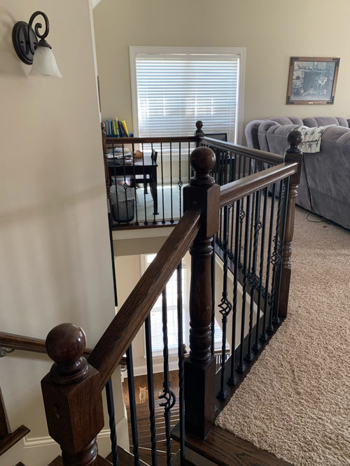 Updated cap for stair posts and what to do for wall??