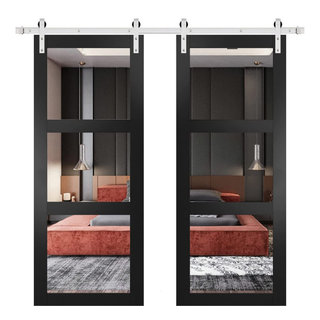 Double Barn Door, Lucia 2555 Black & Clear Glass, Silver 13FT, 60"x84 ...