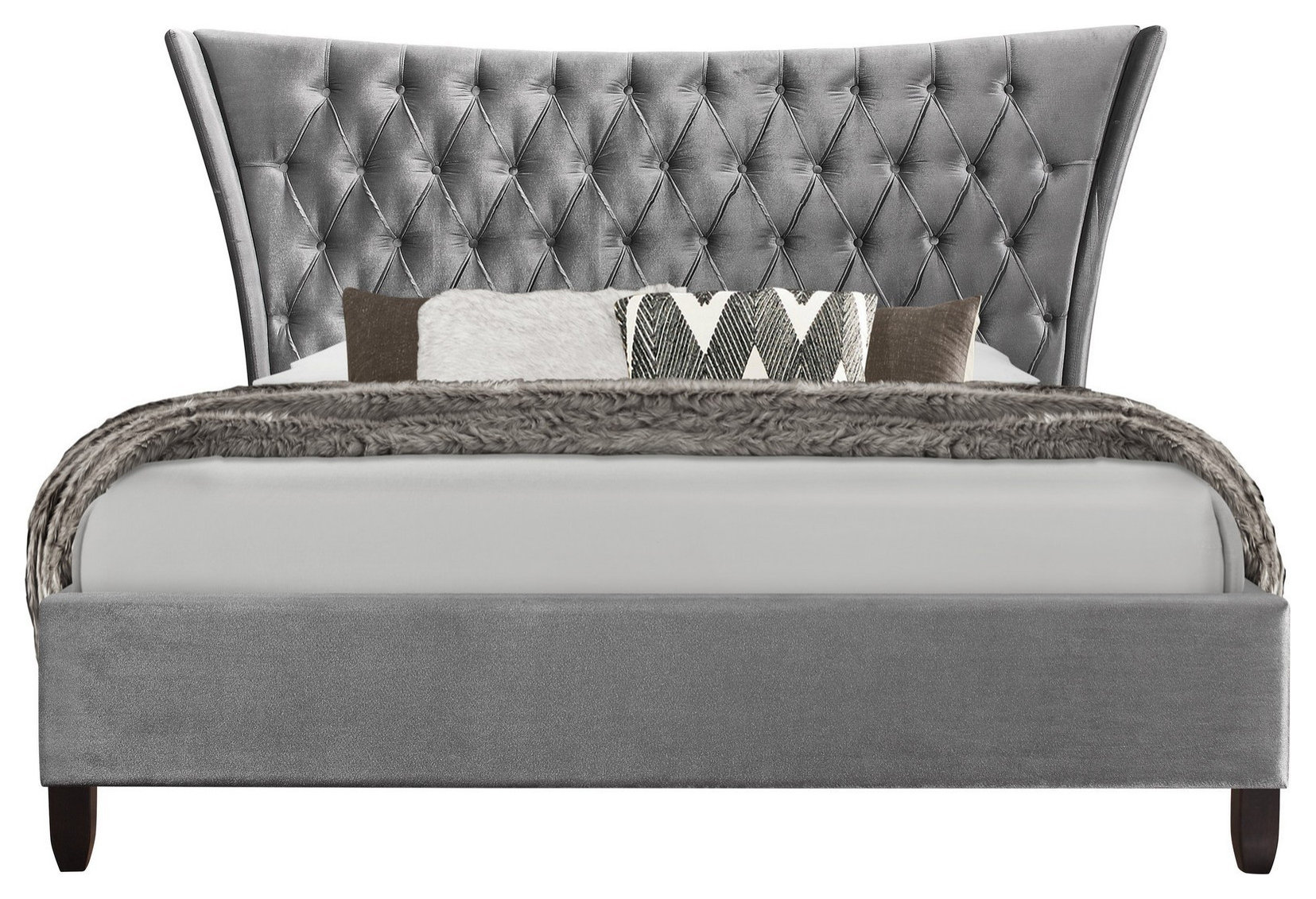 HomeRoots Silver Queen Bed With Soft Velvet Grey Upholstered Headboard ...